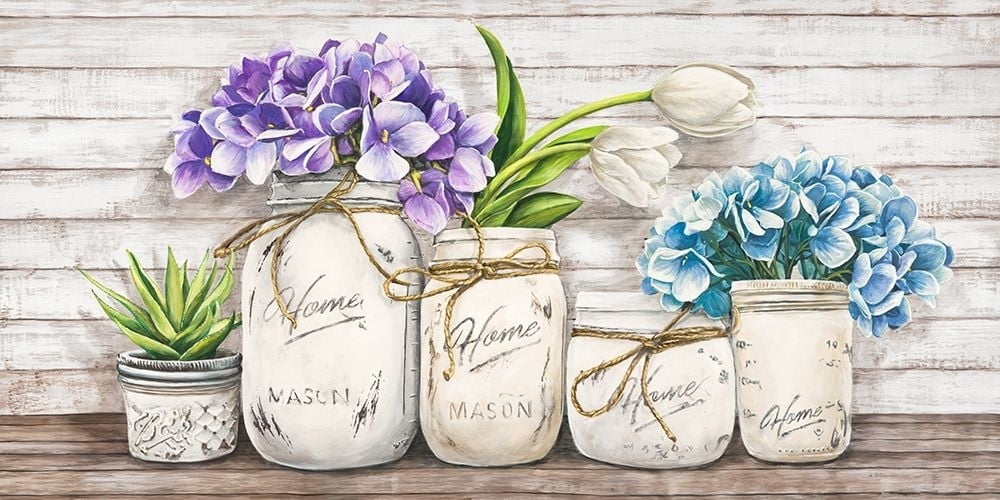 Hydrangeas In Mason Jars Poster Print by Thomlinson Jenny (10 x 20 ...