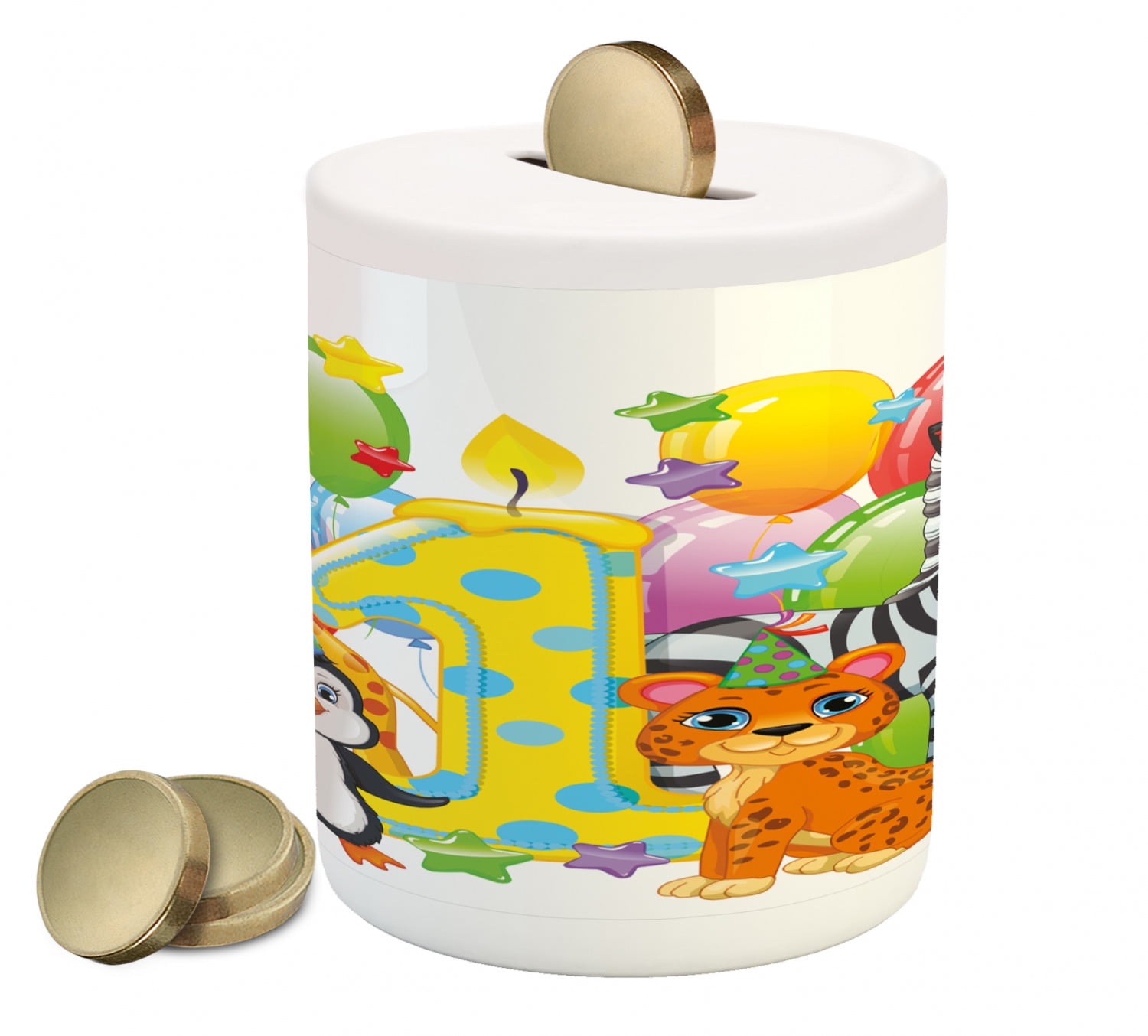 1st Birthday Piggy Bank, Party with Safari Animals Zebra Lion Balloons ...