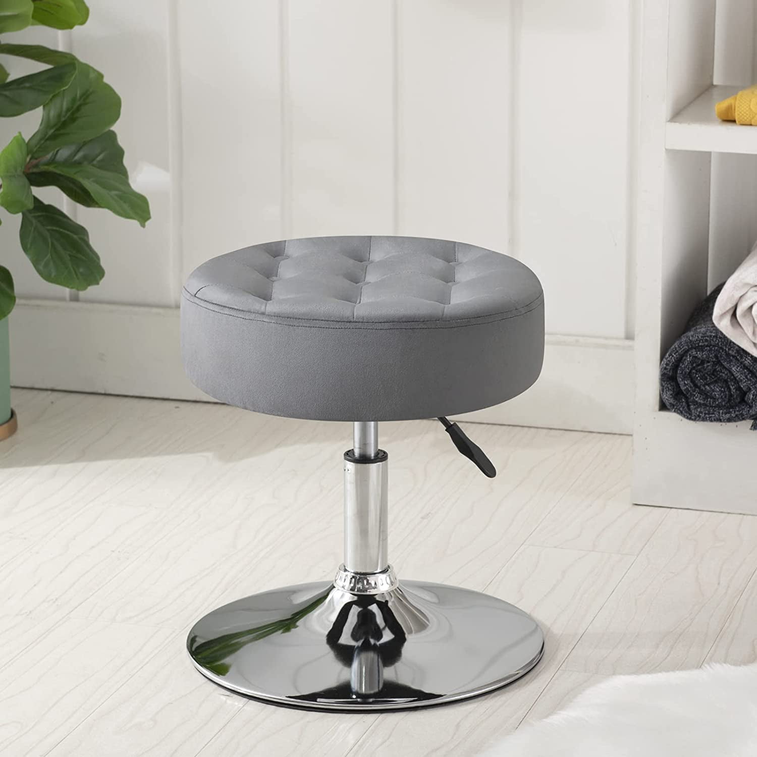 Grey Mid-Century Velvet Tufted Adjustable Swivel Makeup Ottoman Stool ...