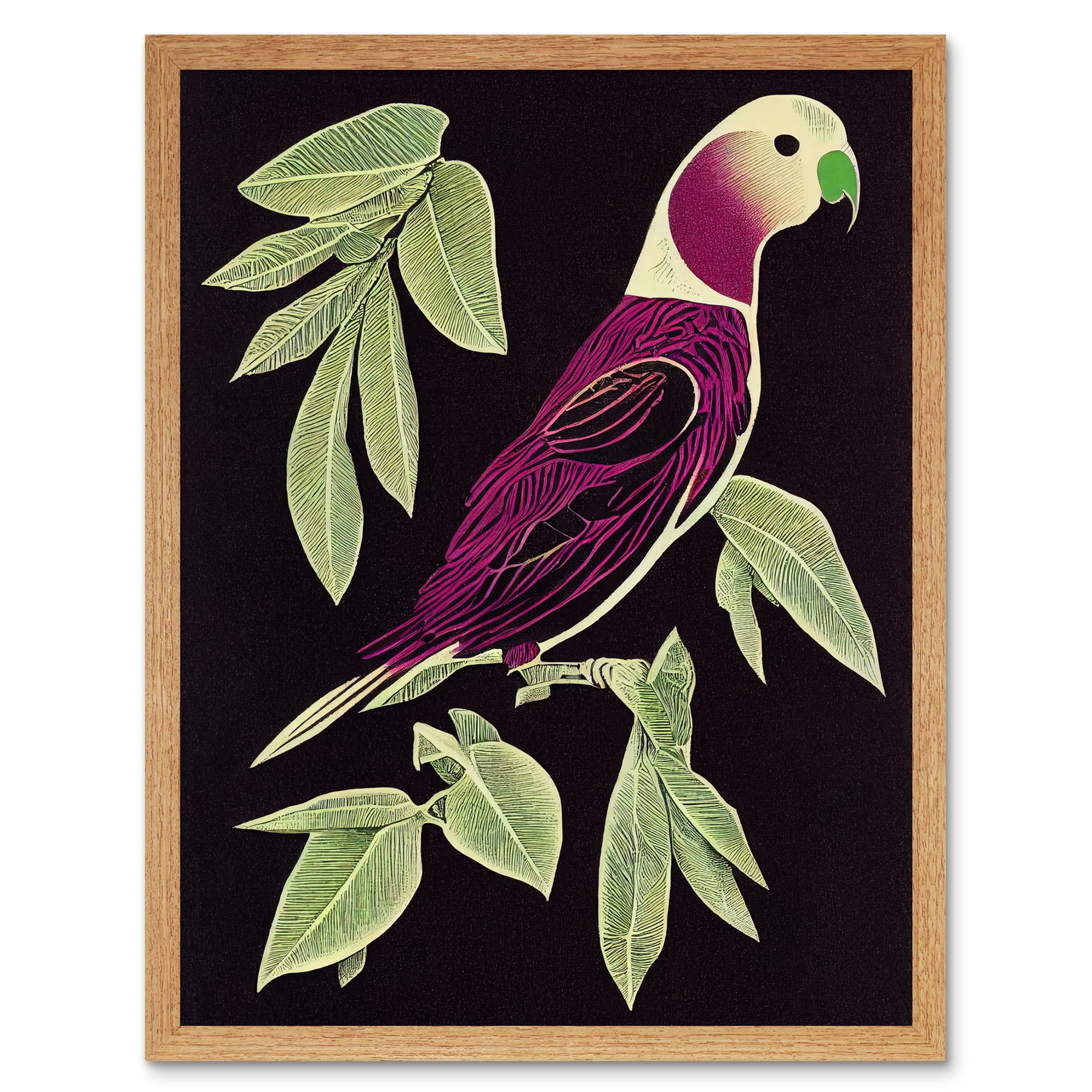 Modern Vibrant Magenta Purple Parrot On Tree Branch Linocut ...
