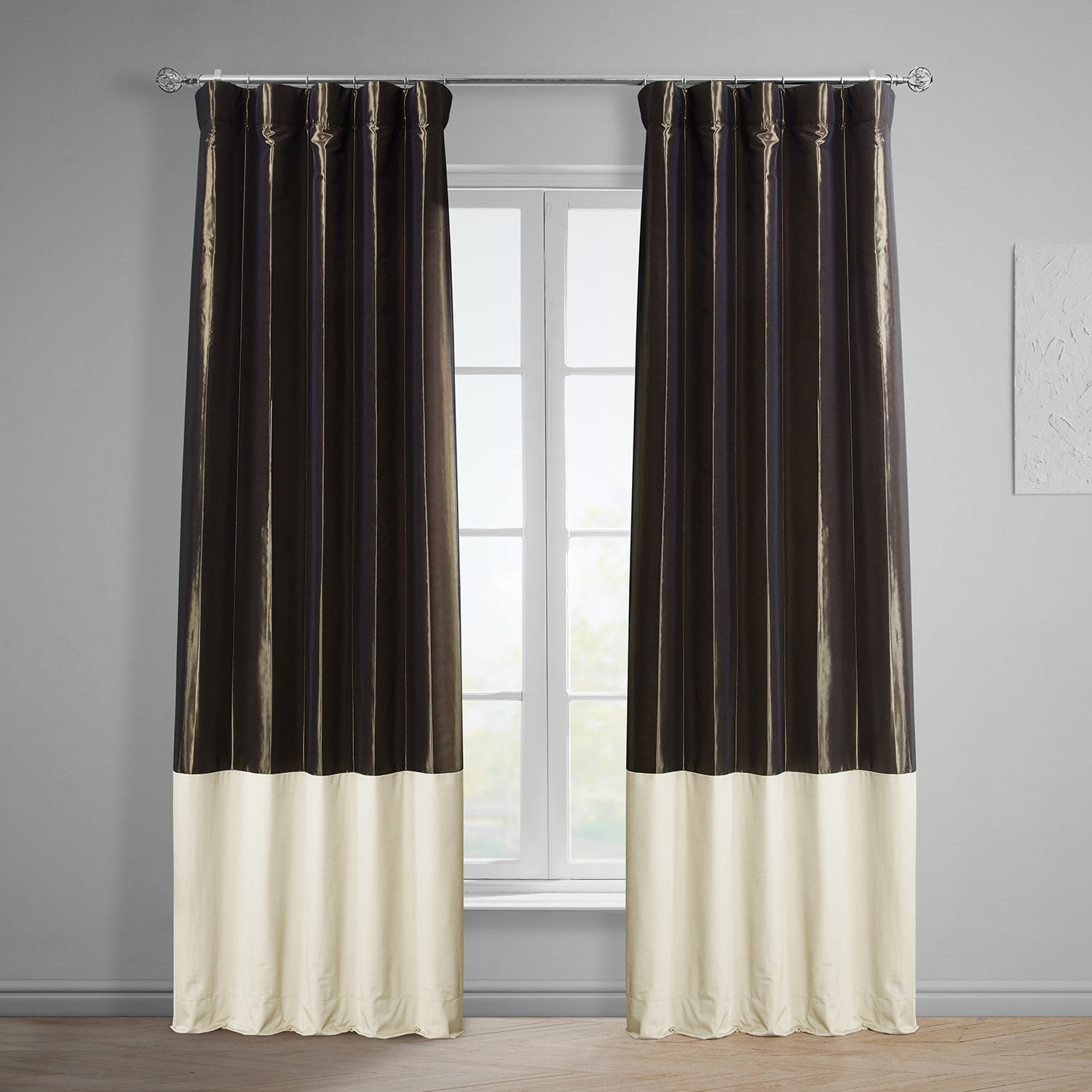 Banded Java Faux Silk Taffeta & Au Lait Creme Plush Velvet Curtain (1 ...