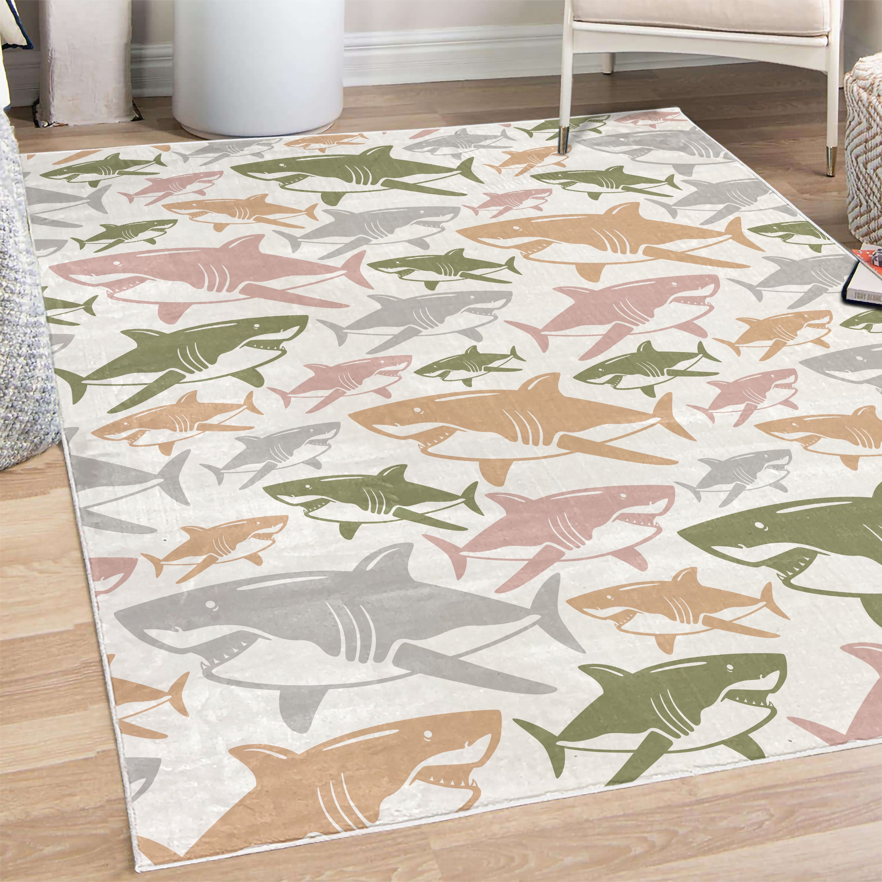 Shark Decorative Rug, Colorful Underwater Fish Pattern Masters Survival ...