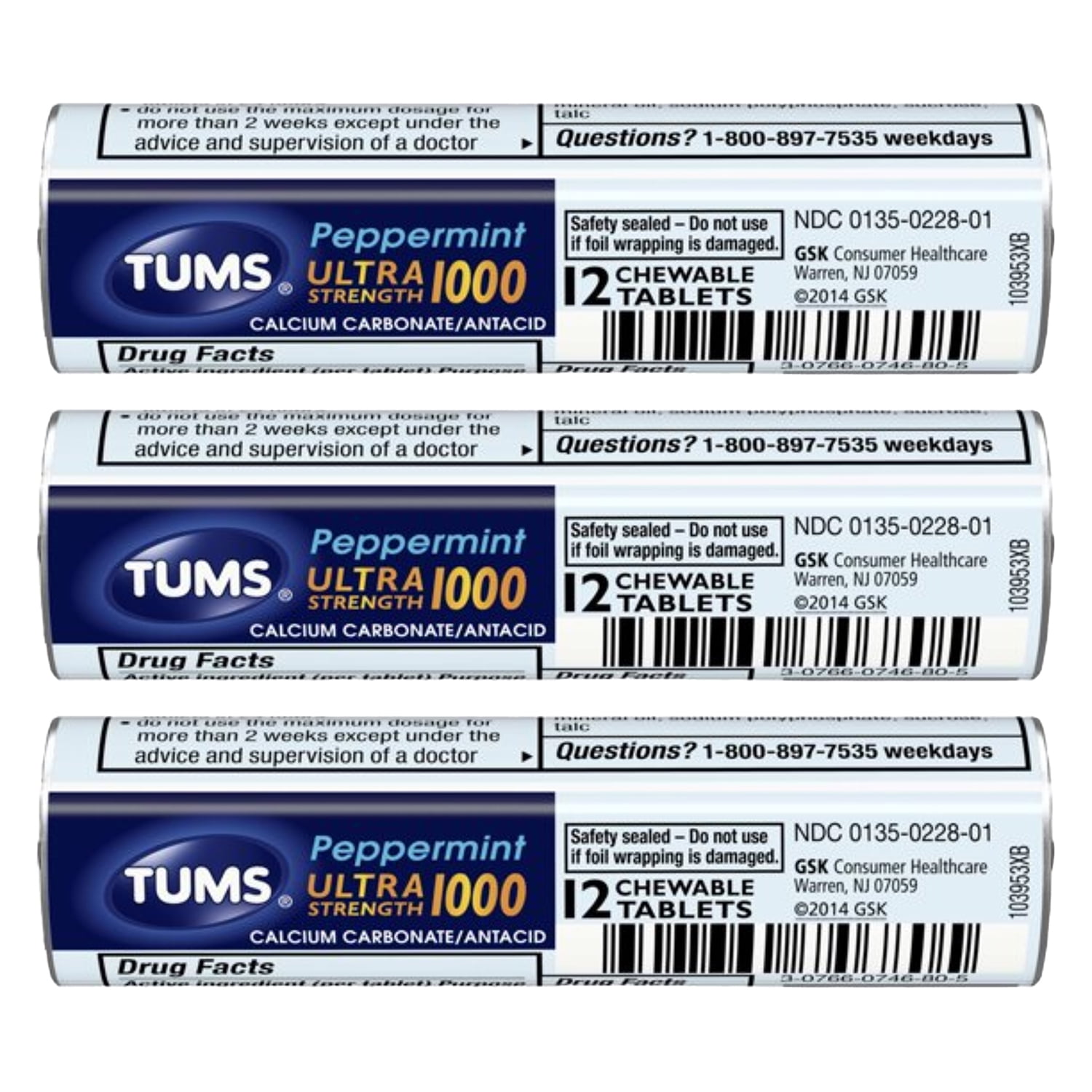 Pack of (3) TUMS Antacid Chewable Tablets for Heartburn Relief, Ultra ...
