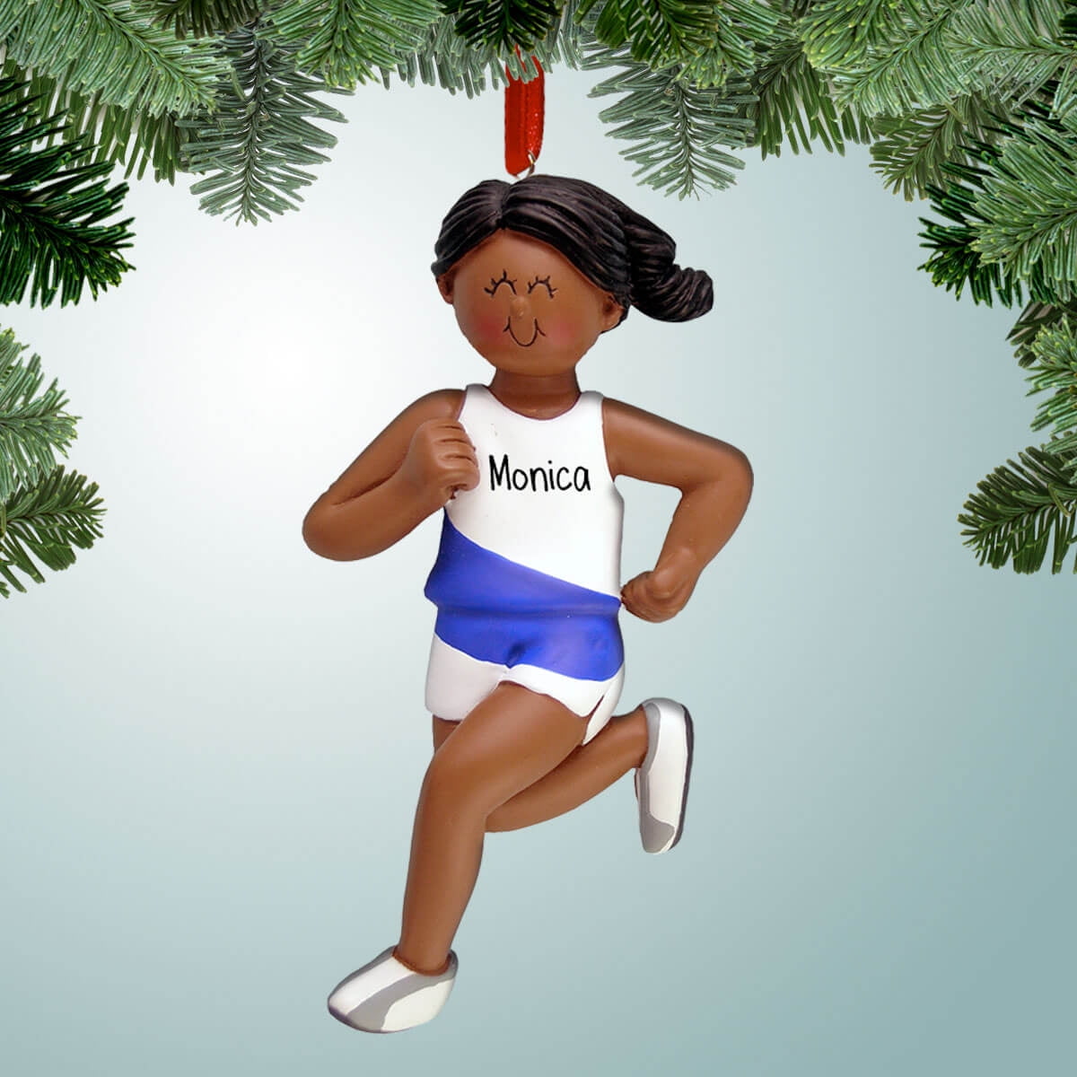 Personalized Female Runner with Stripe - Dark Skin Christmas Ornament ...