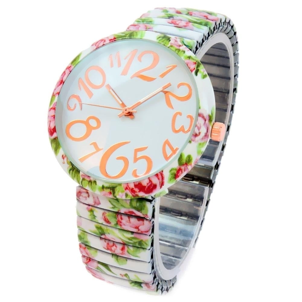 White Roses Floral Print Large Face Easy to Read Stretch Band Extension ...