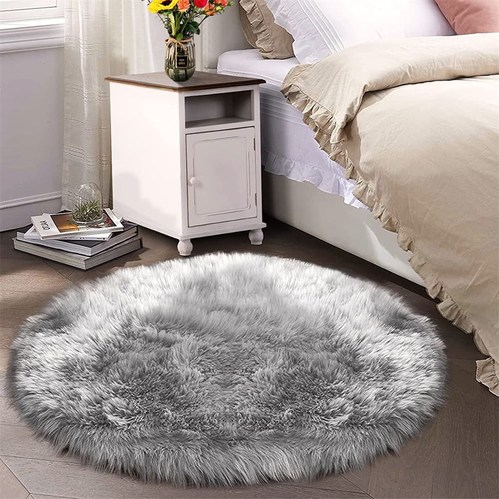 NOGIS 15.7 inches Mini Gray Round Faux Fur Sheepskin Area Rug, Fluffy ...