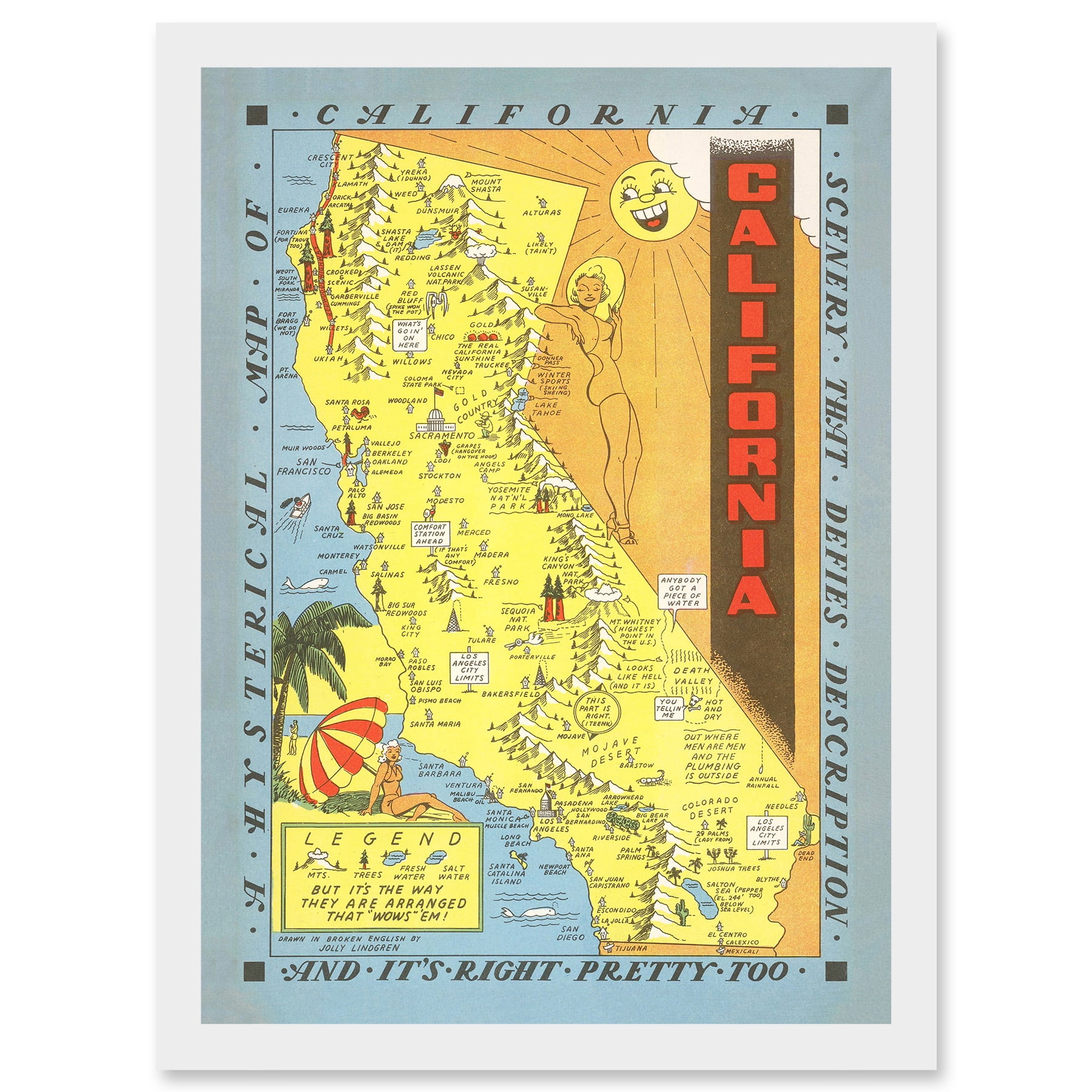 Hysterical Map Lindgren 1948 California Pictorial Artwork Framed Wall ...