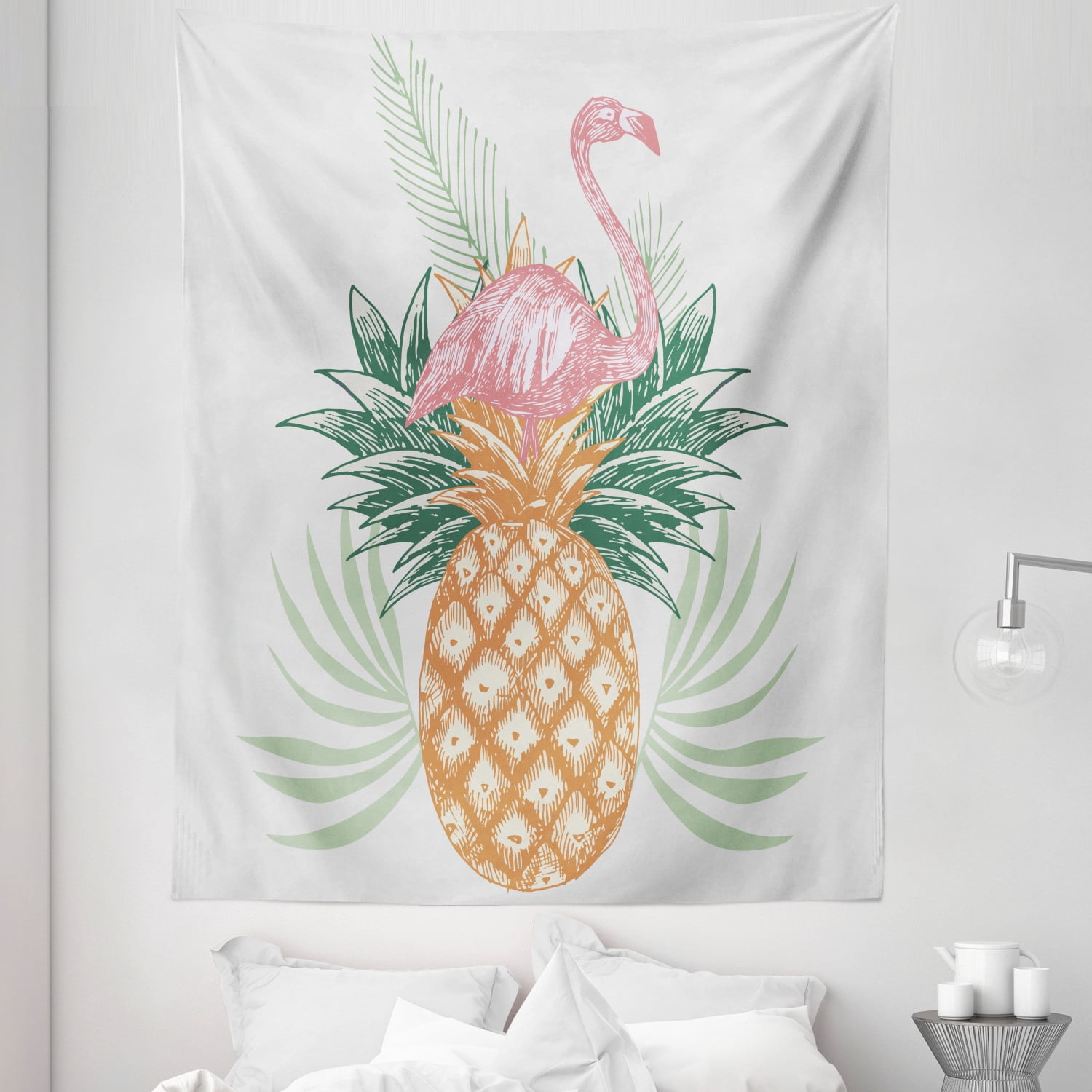 Flamingo Tapestry, Modern Hand Drawn Pineapple Summer Paradise Jungle ...
