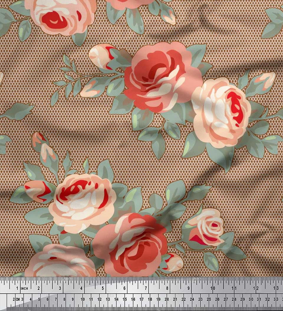 Soimoi Satin Silk Fabric Check,Leaves & Begonia Floral Printed Fabric 1 ...