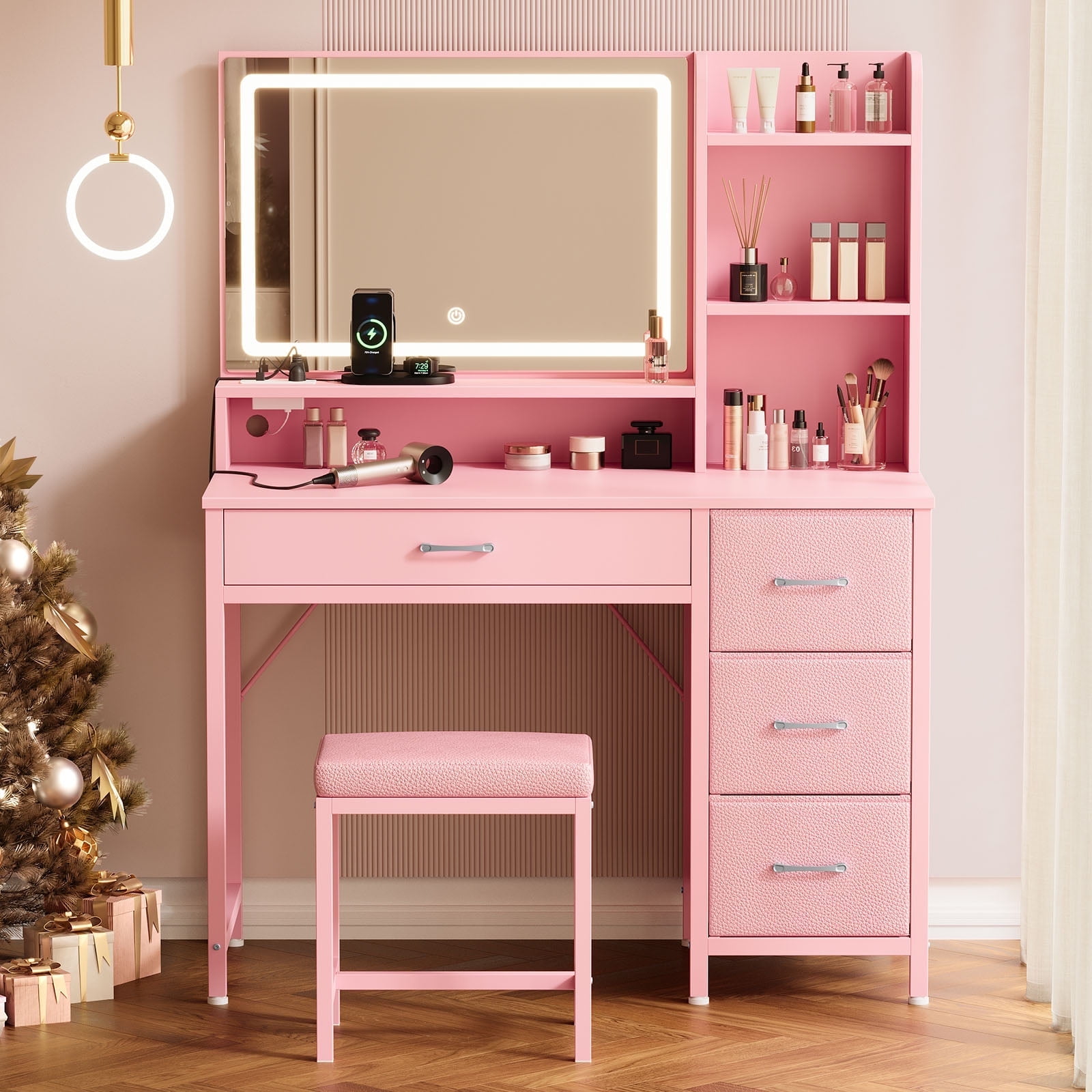 Greenstell Modern Vanity Desk with Mirror and Lights & Power Outlets ...