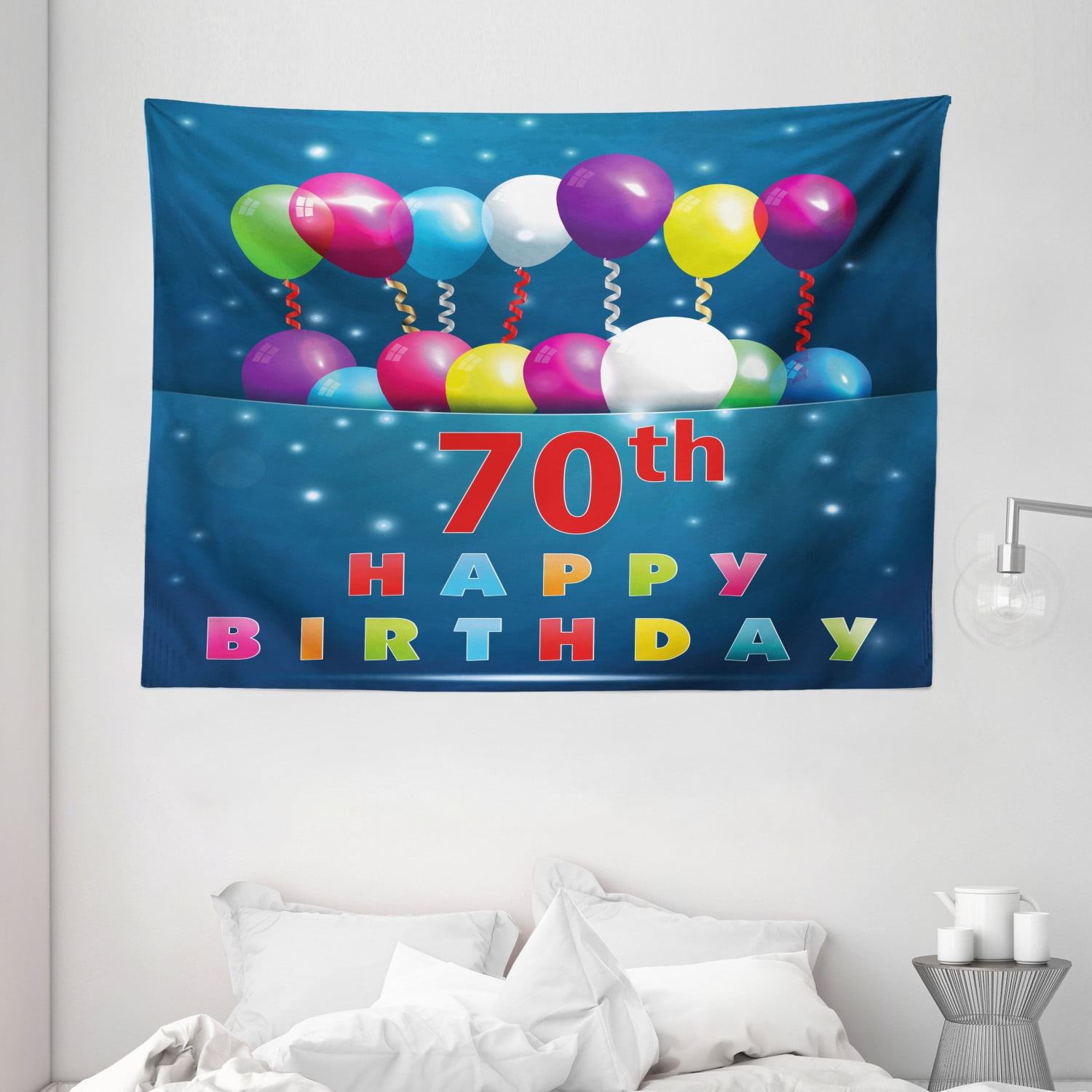 70th Birthday Decorations Tapestry, Colorful Balloons on Dark Blue ...