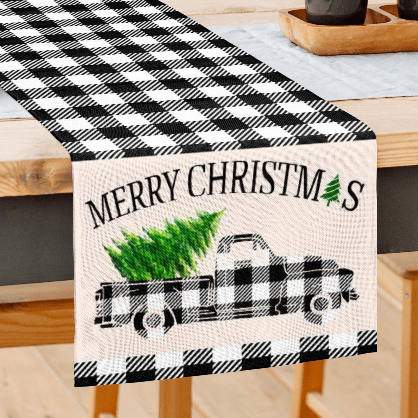 Christmas Table Runners,White Black Buffalo Plaid Linen Burlap ...