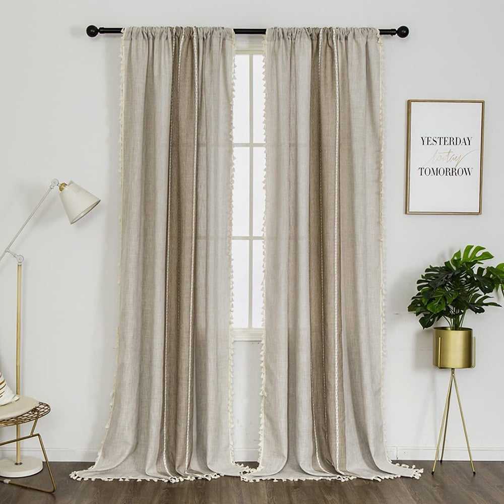 Fashnice Drapes Treatments Window Curtain Rod Pocket Boho Vintage Curtains Panel Bohemian Tassels Light Filtering Retro Home Decor 2#coffee W:54X H:8