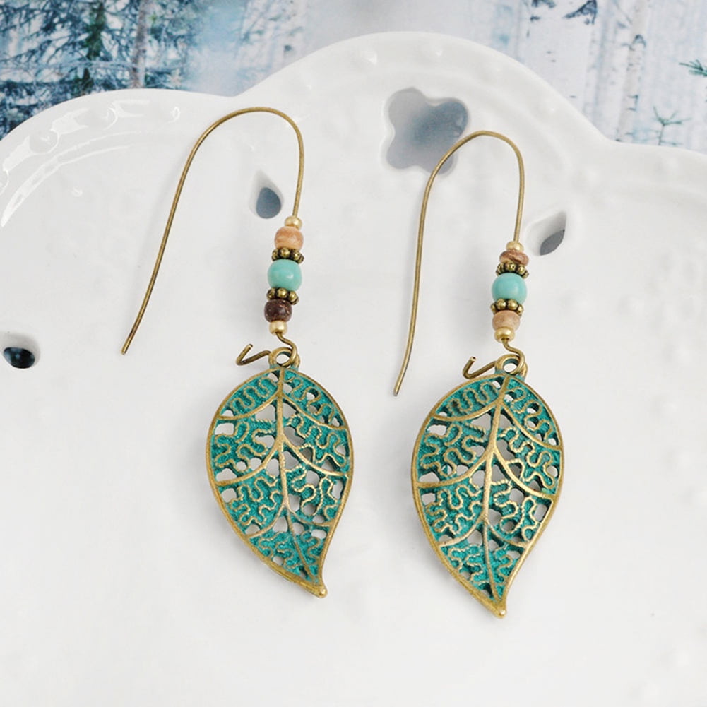 Rkjia Fashion Women Hollow Leaves Dangle Hook Beads Earring Bohemia ...