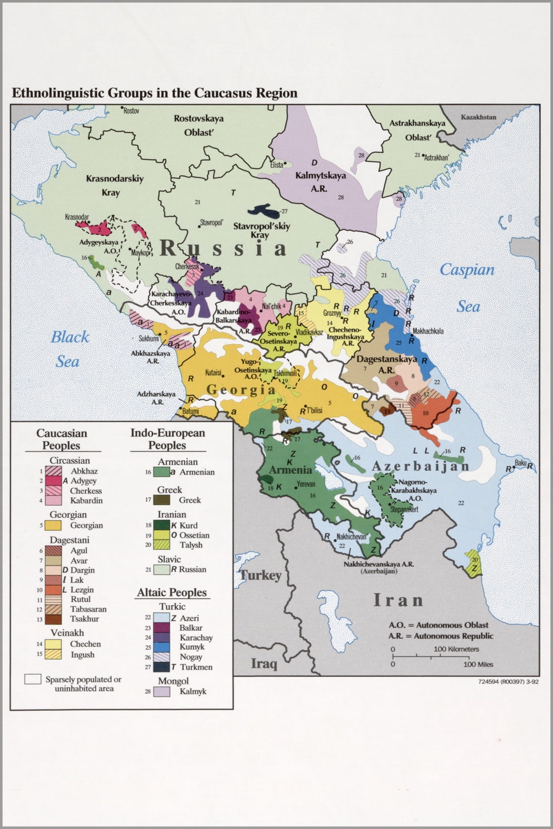 24"x36" Gallery Poster, cia map Ethnolinguistic groups in Caucasus 1992 ...