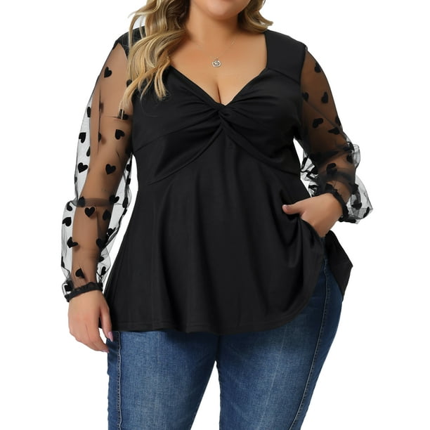 Plus Size Tops for Women V Neck Panel Heart Sheer Mesh Long Sleeve ...