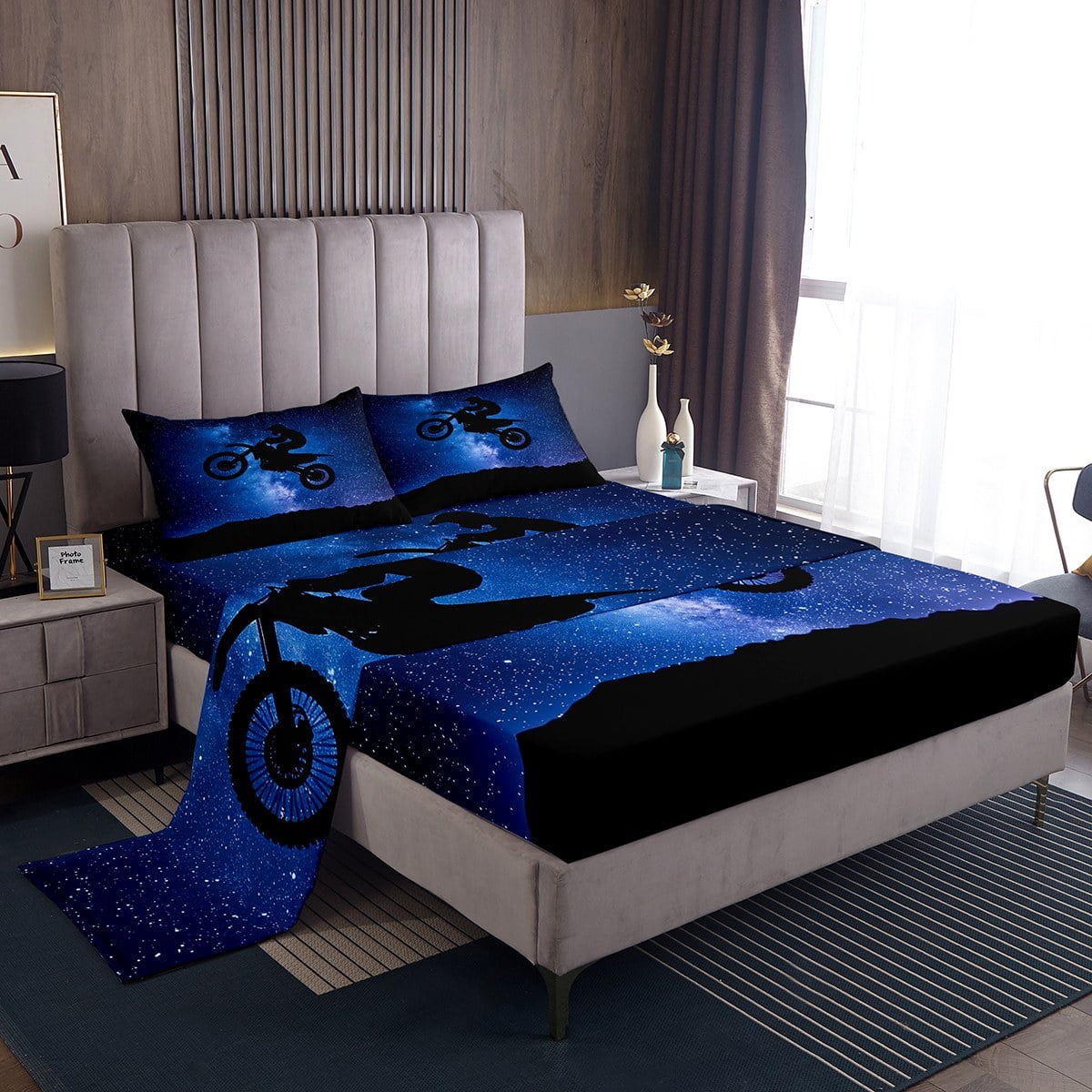 Erosebridal Dirt Bike Sport King Sheet Sets, Black Navy Blue Bedding Sets King Size, 4-Piece ...