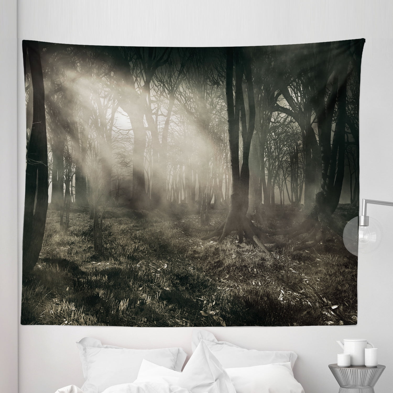 Brown Tapestry, Photo of Dark Forest Scenery Sunbeams and Fog Vintage ...