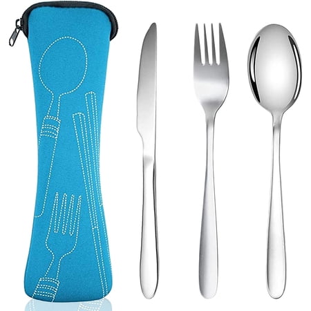 3 Piece Cutlery Set with Carrying Bag (Sky Blue), Stainless Steel ...
