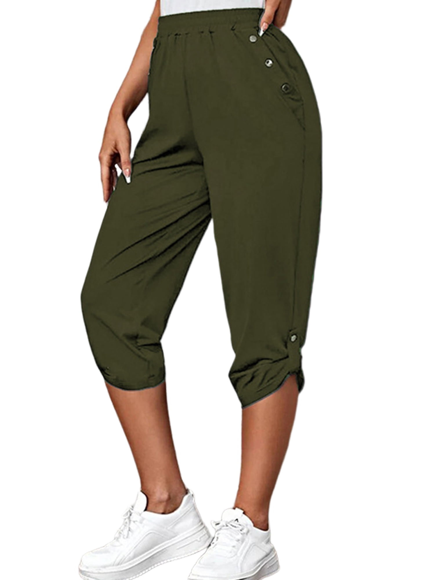 FASHIONWT Women Elastic Waist Chino Calf-Length Capri Pants - Walmart.com