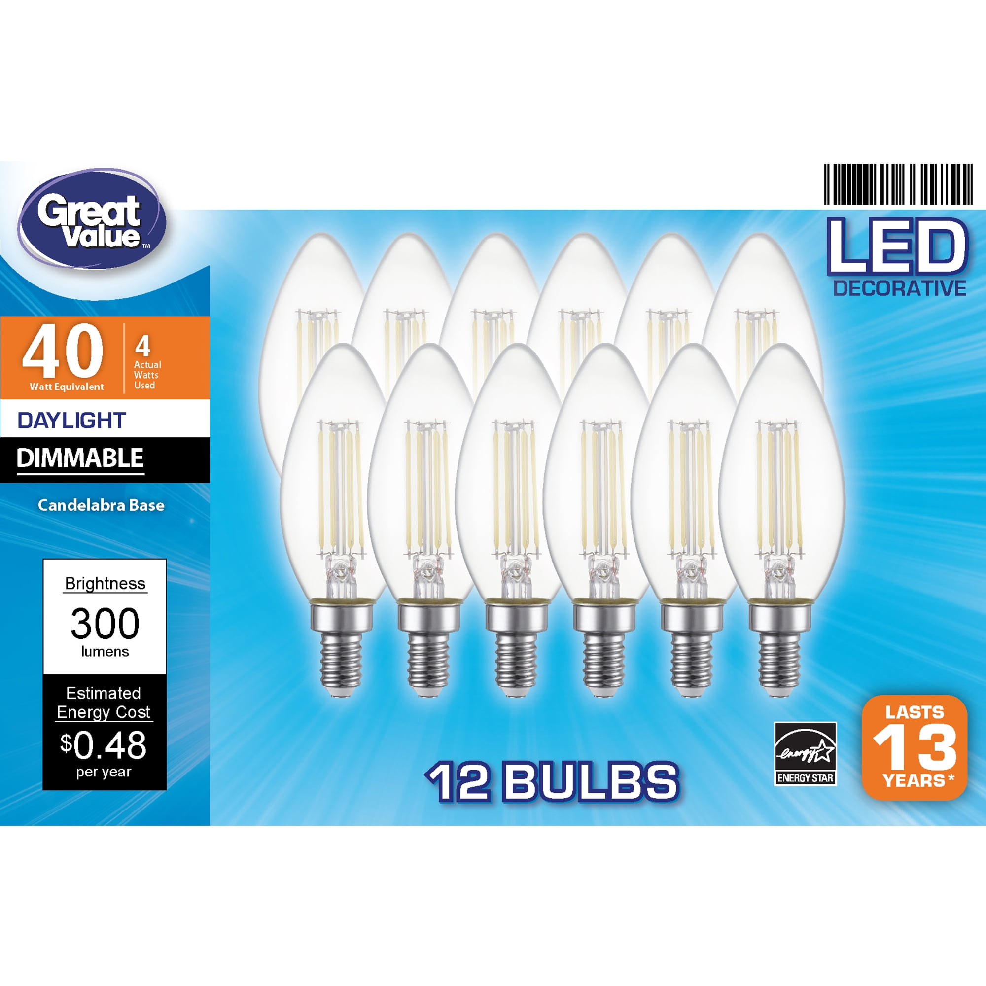 Great Value LED Light Bulb, 4 Watts (40W Equivalent) B10 Deco Lamp E12 ...
