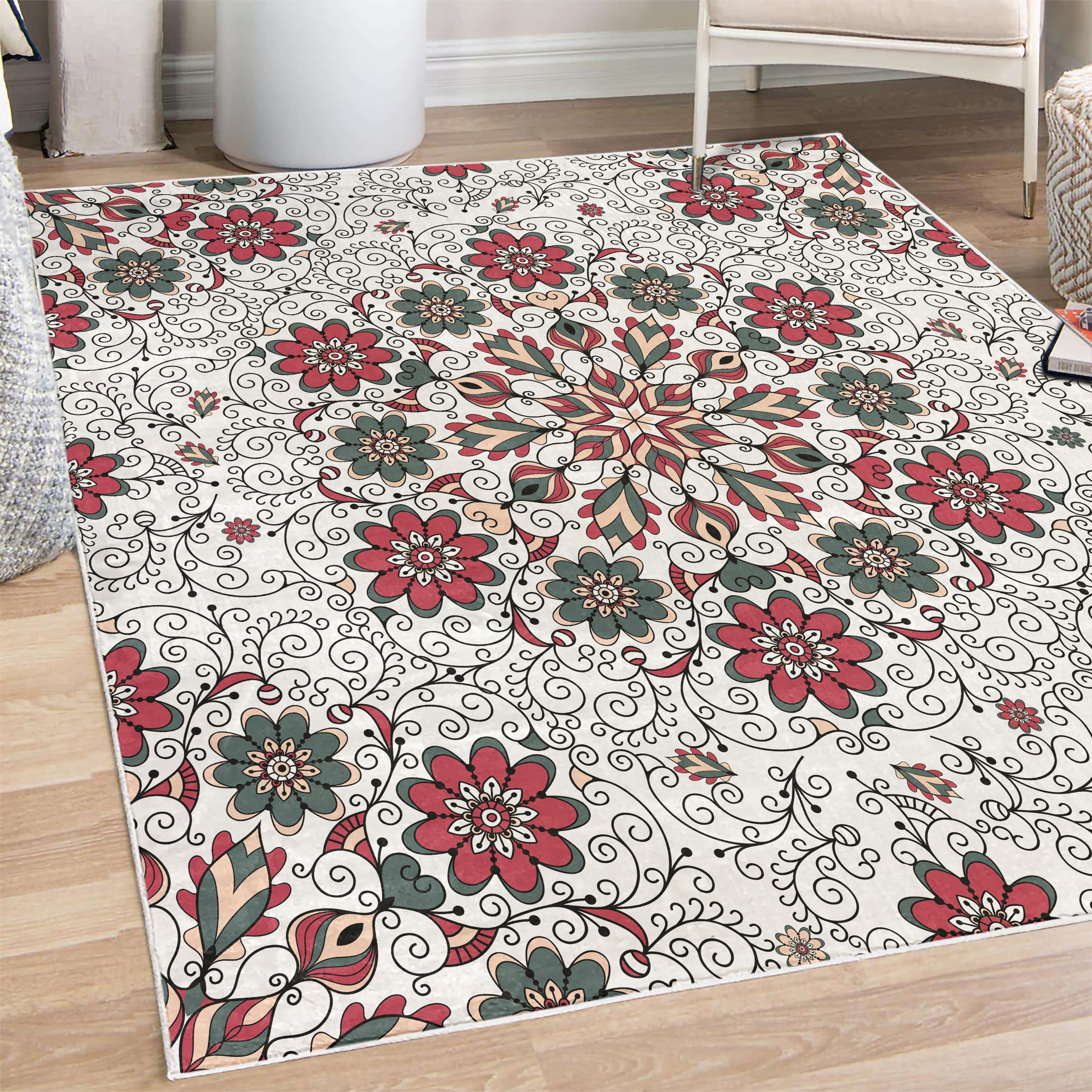 Ethnic Decorative Rug, Vintage Abstract Flower Swirls Leaves Doily ...