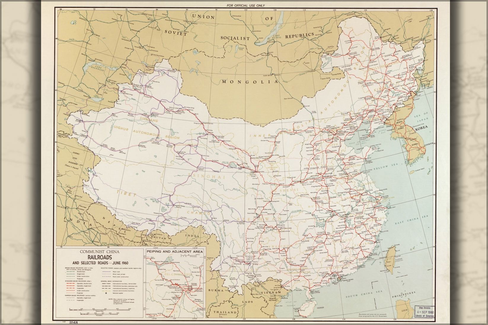 24"x36" Gallery Poster, cia map of Communist China railroads & roads ...