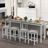Costway 3 PCS Bar Table Set Dining Table & 2 Linen Fabric Padded Bar ...