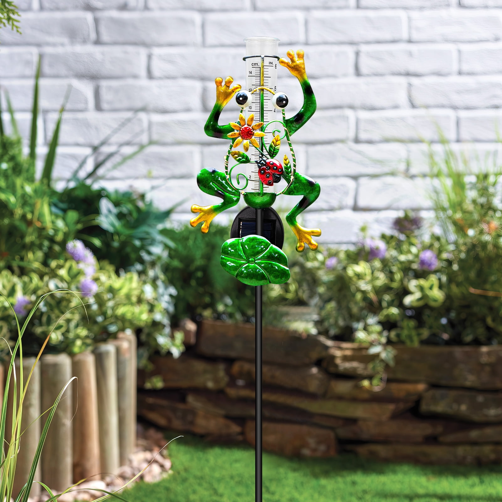 Solar Garden Stake Lights with Rain Gauge,10 LED Solar Frog Statue ...