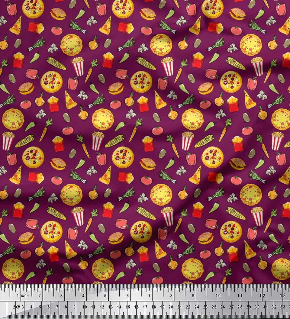 Soimoi Satin Silk Fabric Vegetable,Burger & Pizza Food Print Fabric by ...