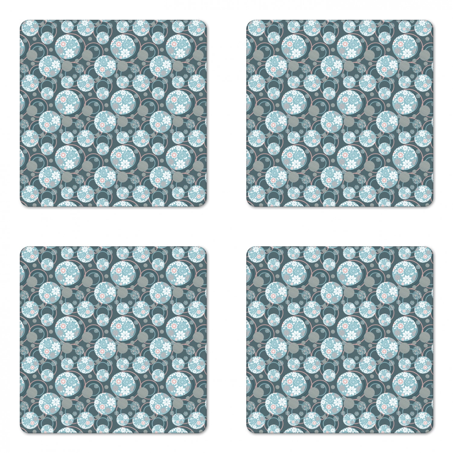 Geometric Circle Coaster Set of 4, Floral Ornamental Pastel Toned ...