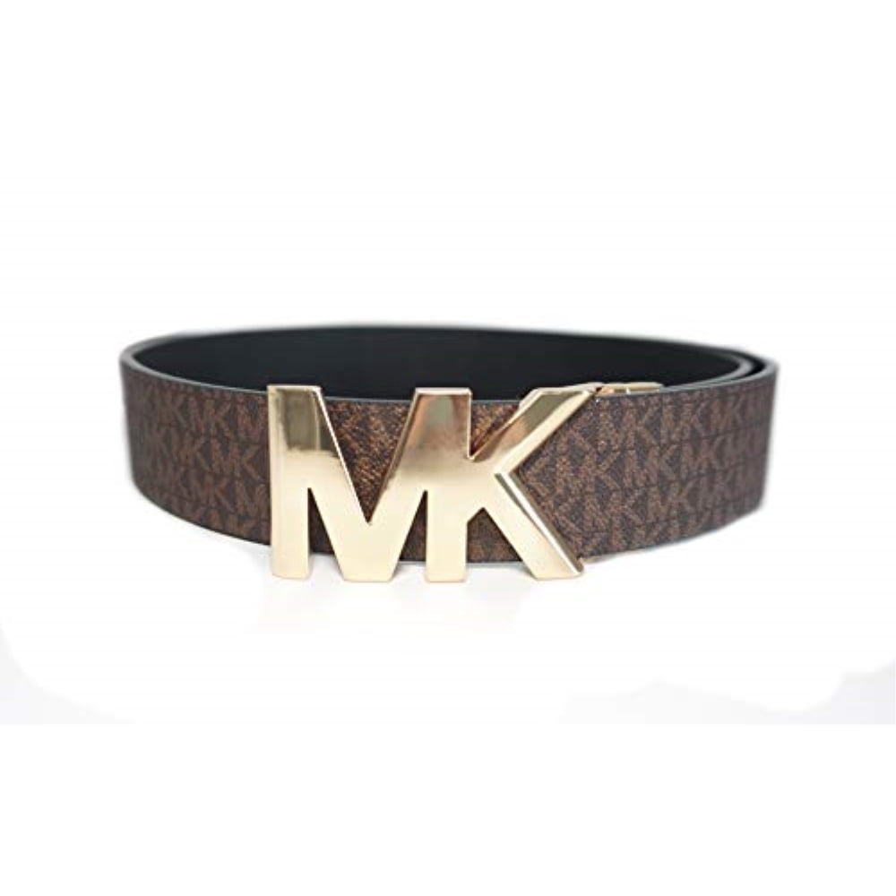 Michael Kors 38mm Leather Reversible MK Logo Plaque Buckle Belt (Brown ...