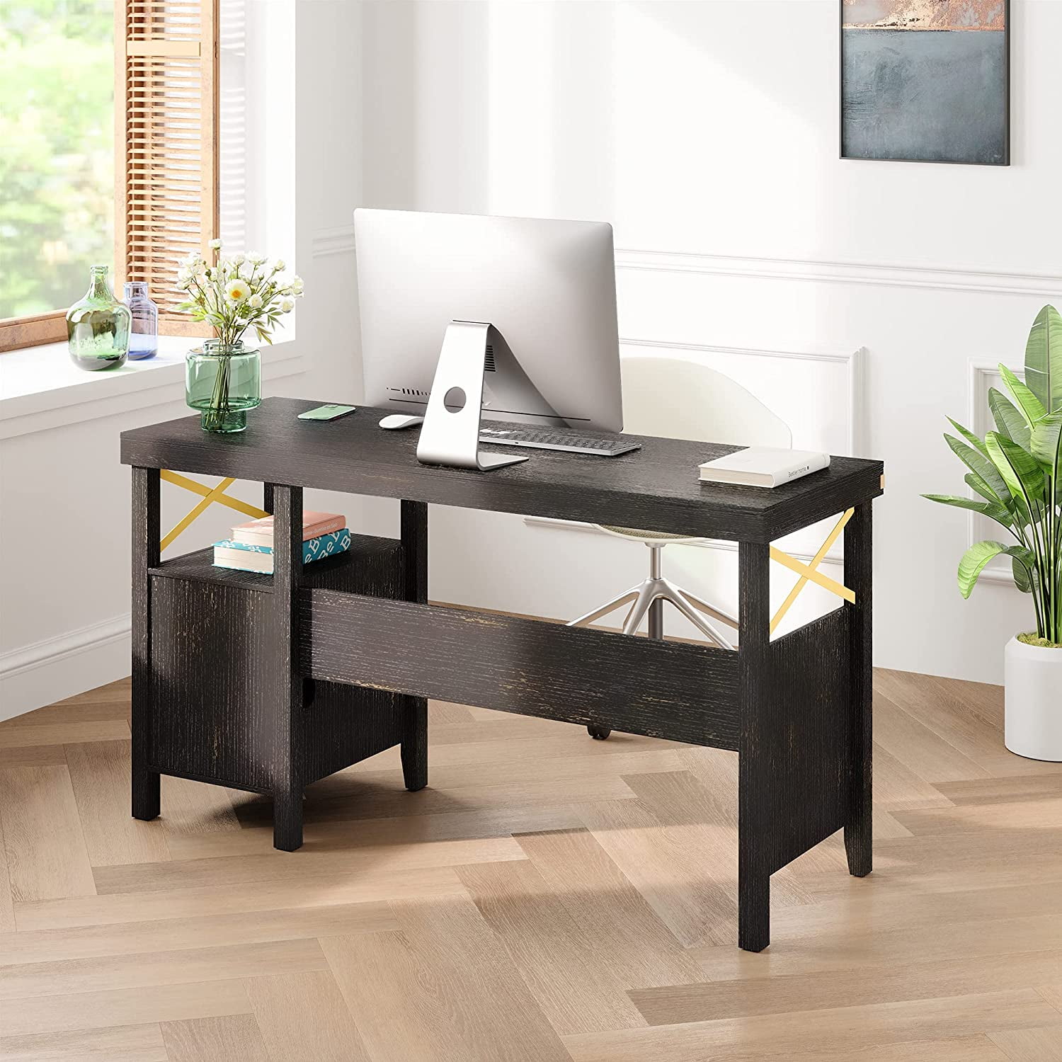 Buy Bestier 55 inch Computer Desk with Storage Cabinet in Black Online ...