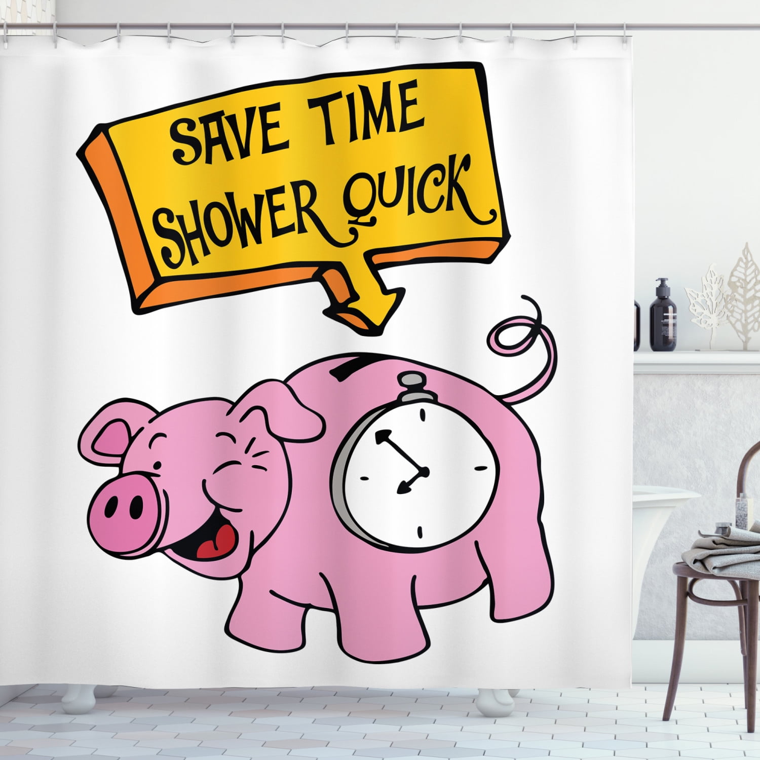 Ambesonne Funny Shower Curtain, Save Time Shower Quick Piggy, 69"Wx84"L, Pink and Yellow ...