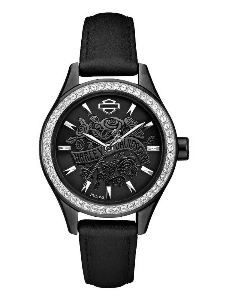 Harley Davidson 78L119 Women's Bulova Flower Power Black Dial Black ...
