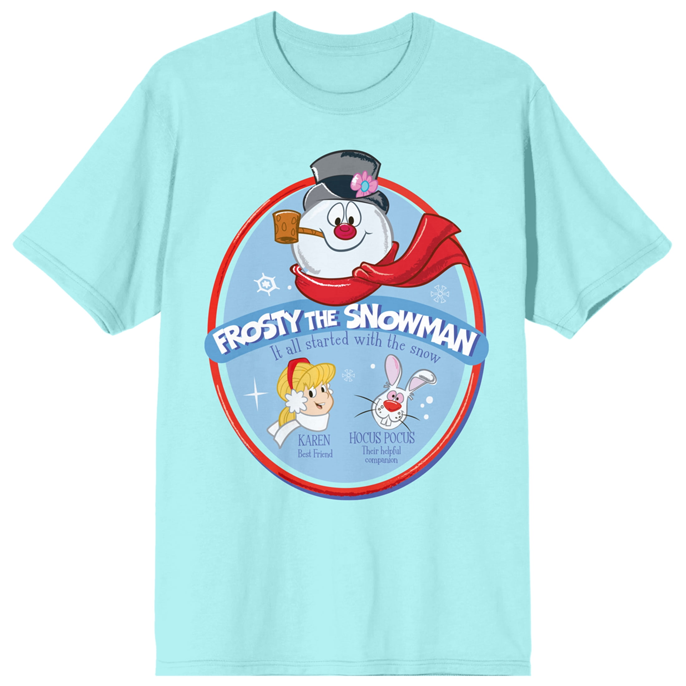 Frosty the Snowman Oval Art with Characters and Title Logo Women’s Celadon Graphic Tee-Large ...
