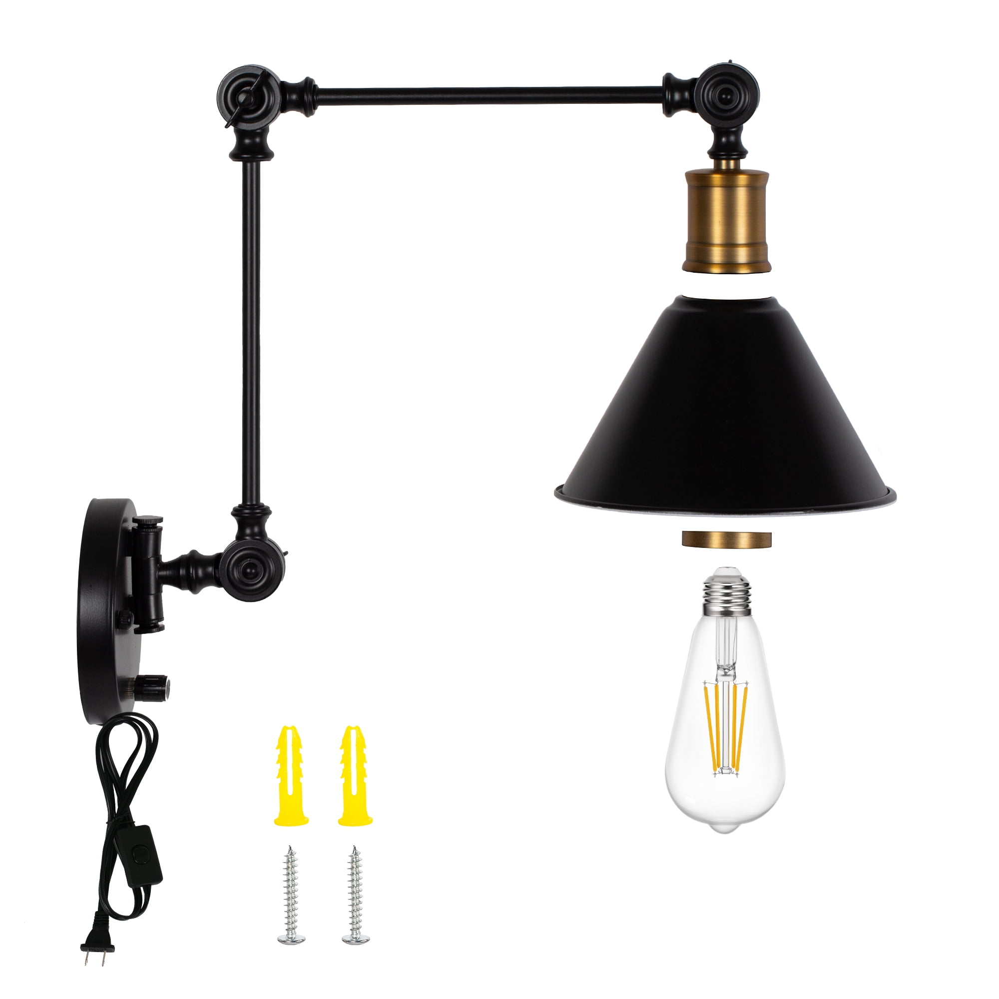 2 Pack Adjustable Wall Sconces, Swing Arm Wall Lamp Brass & Black Wall ...