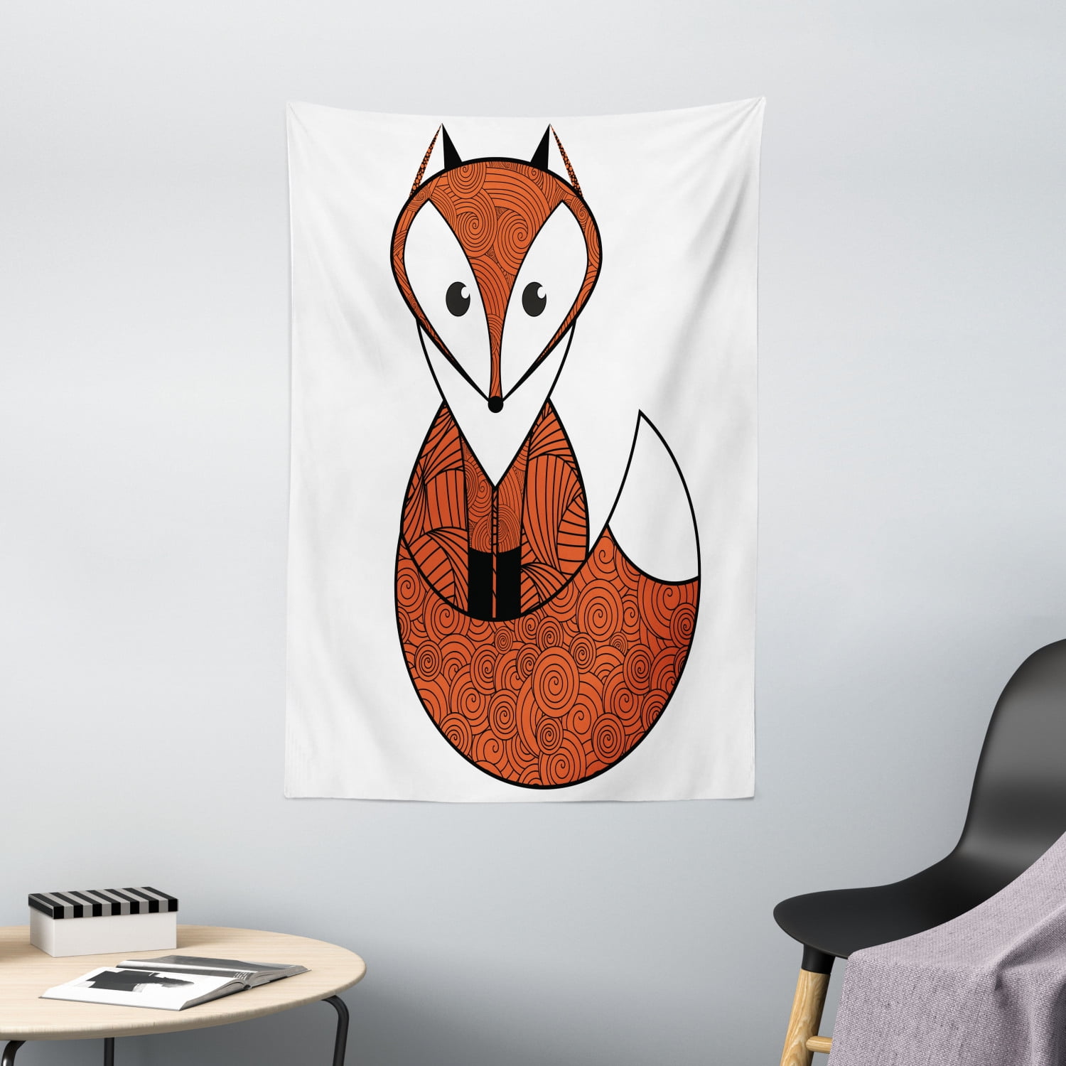 Fox Tapestry, Cartoon Young Fox Character with Spiral Patterns Cute ...