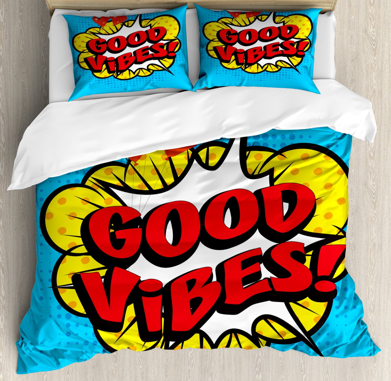 Good Vibes Duvet Cover Set King Size, Pop Art Composition with Speech ...