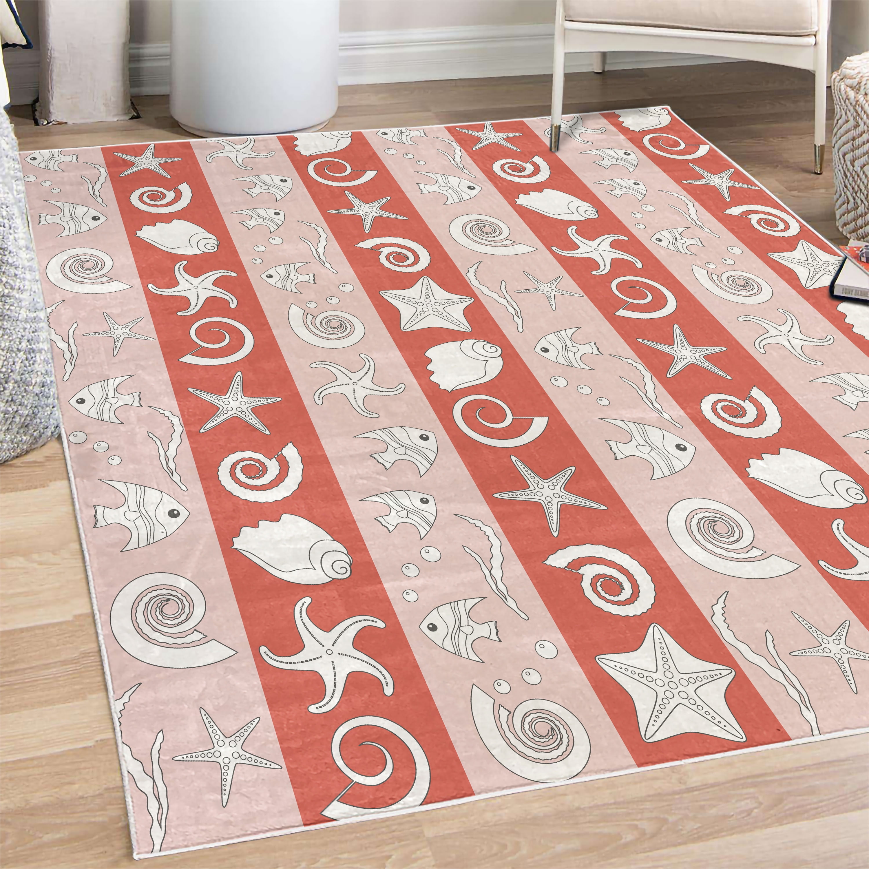 Nautical Decorative Rug, Marine Theme Sea Animals Fishes Shells on ...