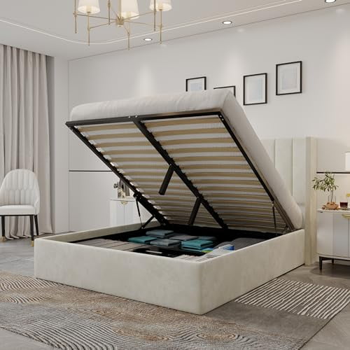 Velets Oliver Queen Size Lift Up Bed Frame Storage Platform Bed with ...
