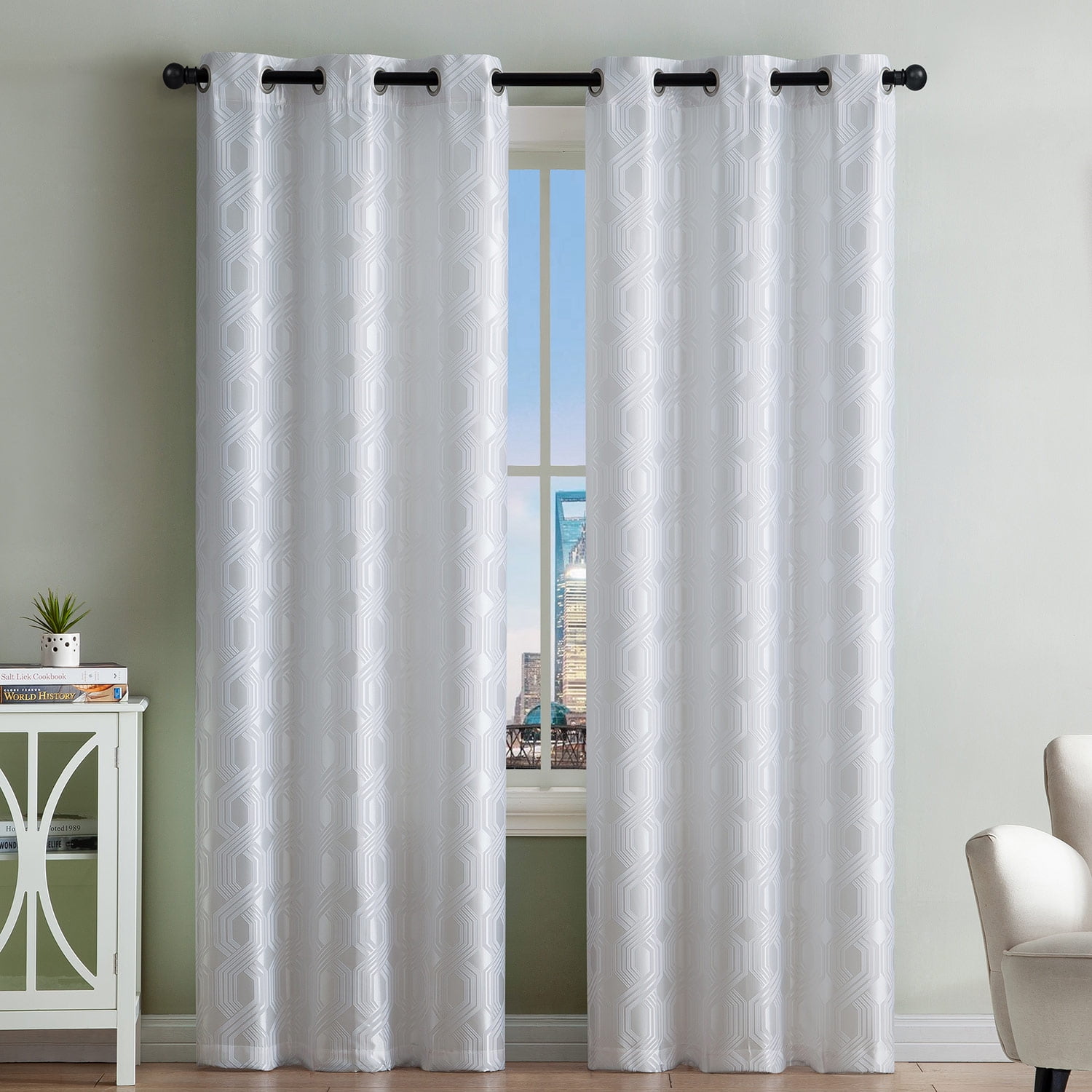 Eli 2-Pack Jacquard Design Grommet Window Panel, White, 76x84 Inches ...