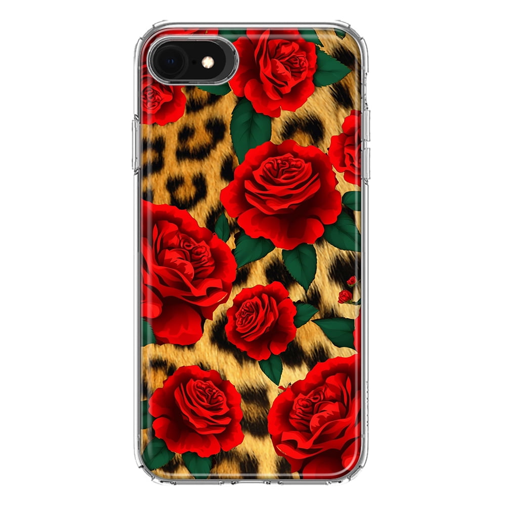 MUNDAZE Apple iPhone 6/7/8/SE 2020/SE 3 2022 Leopard Red Roses Double ...