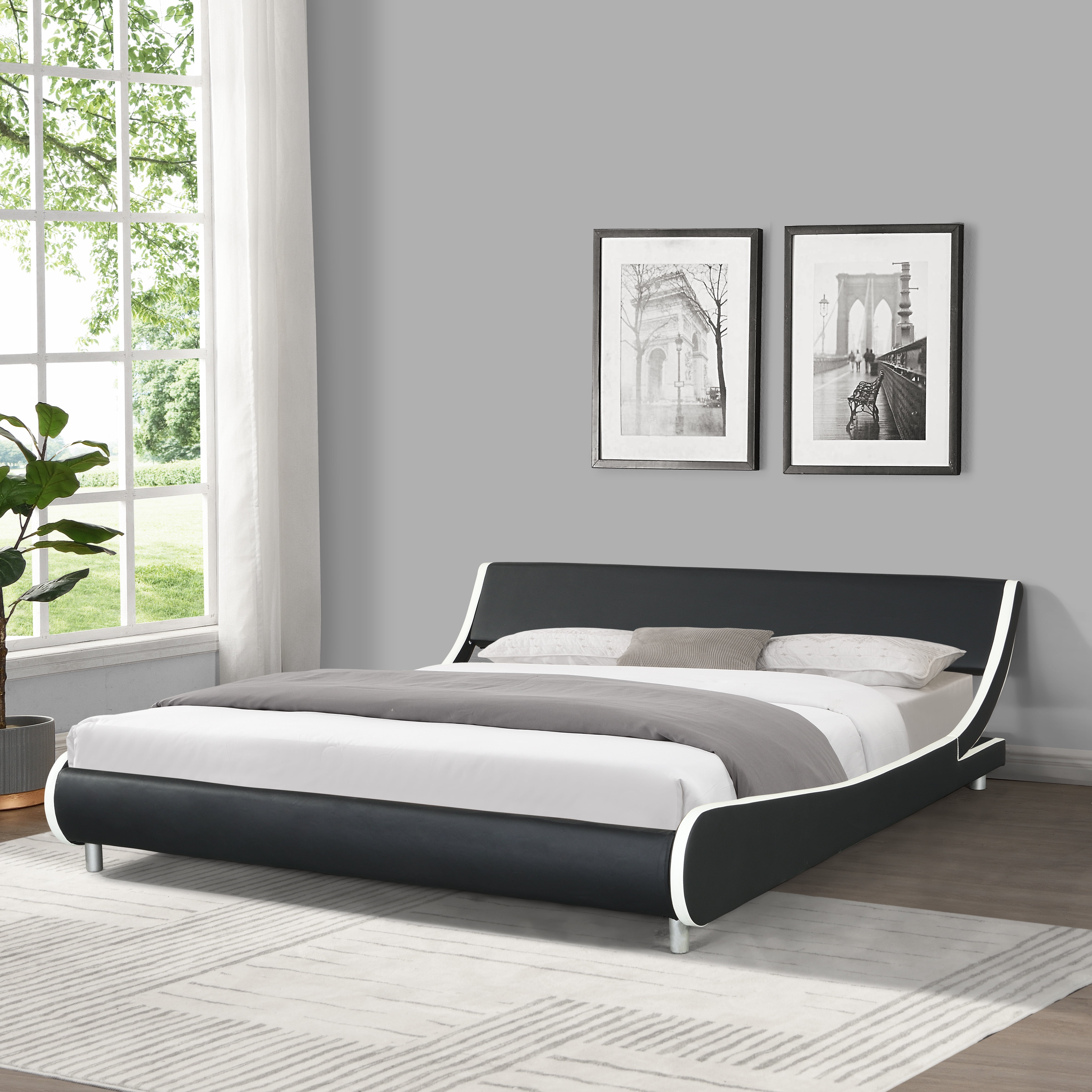 Faux Leather Low Profile King Size Upholstered Platform Bed Frame with ...