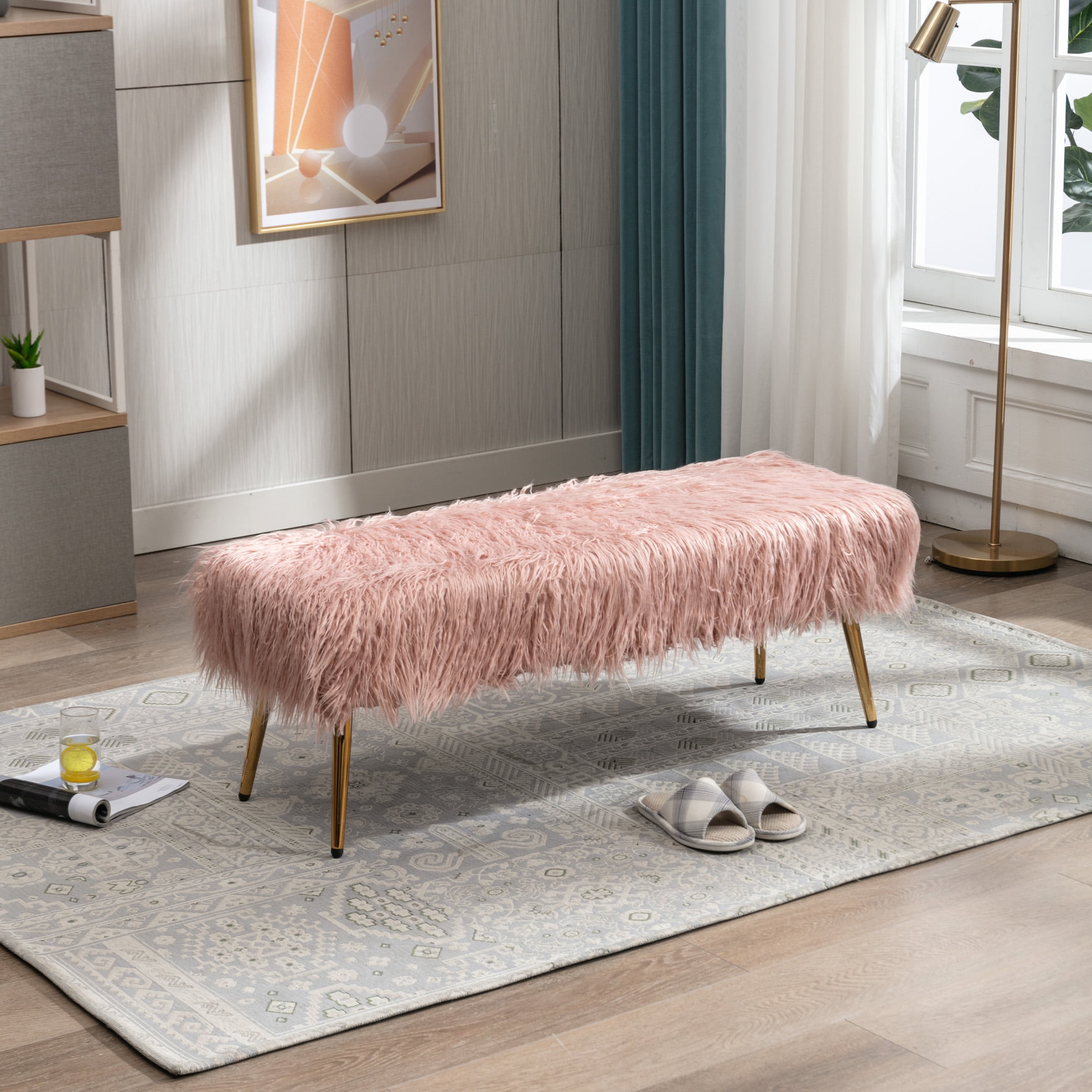 Faux Fur Plush Ottoman Bench, Modern Fluffy Upholstered Footrest Stool ...
