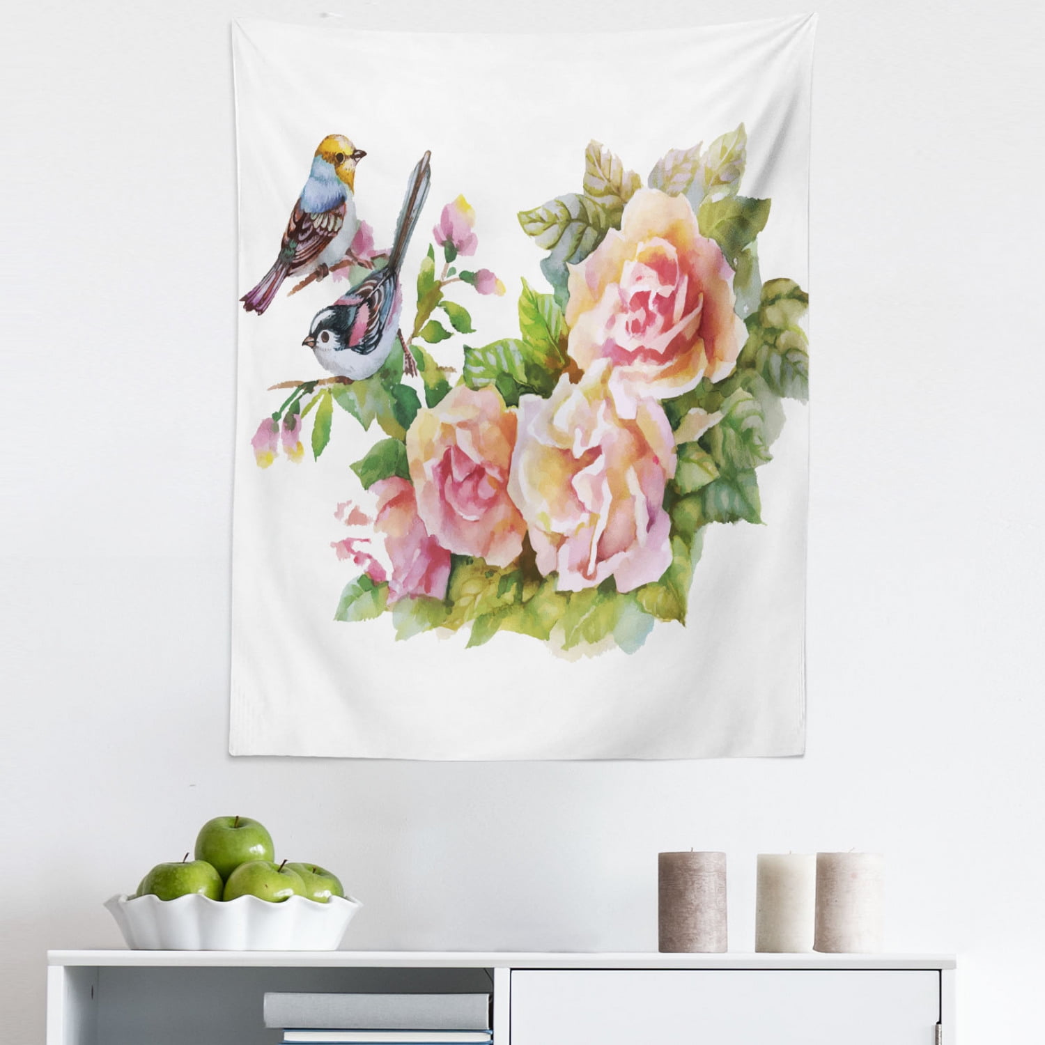 Spring Tapestry, Wild Exotic Birds Roses Spring Season Flowers Leaves ...