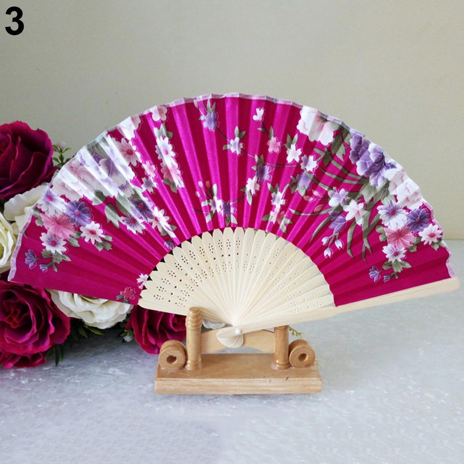 SANWOOD Wooden Folding Fan,Classical Folding Hand Held Flower Pattern ...