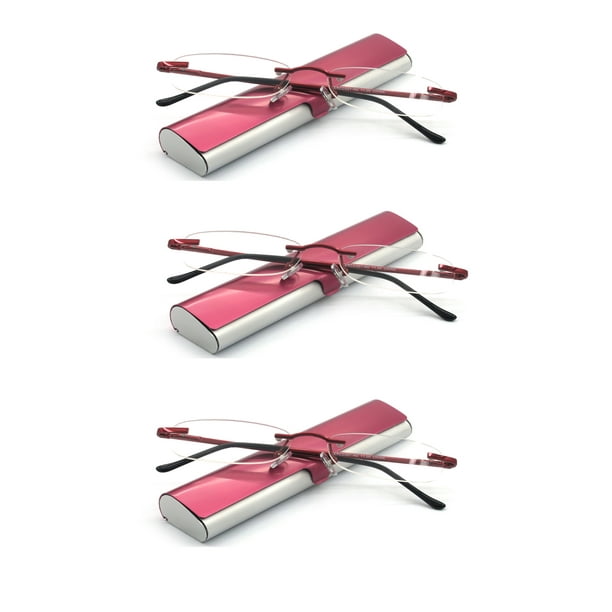 EYE ZOOM Compact 3 Pack Rimless Reading Glasses with Slim Wine Red and ...