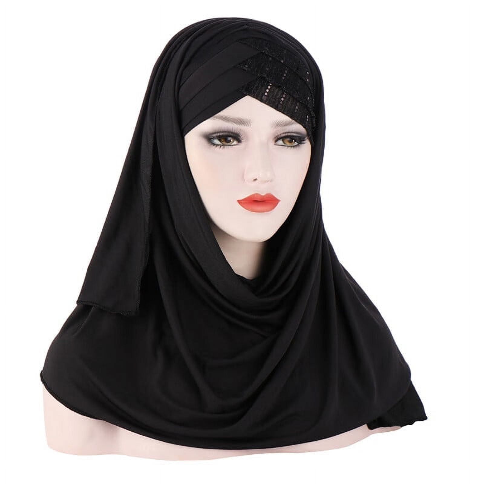 Forehead Cross Wrap Scarf Cap Solid Color Sequins Hijabs Muslim Women ...