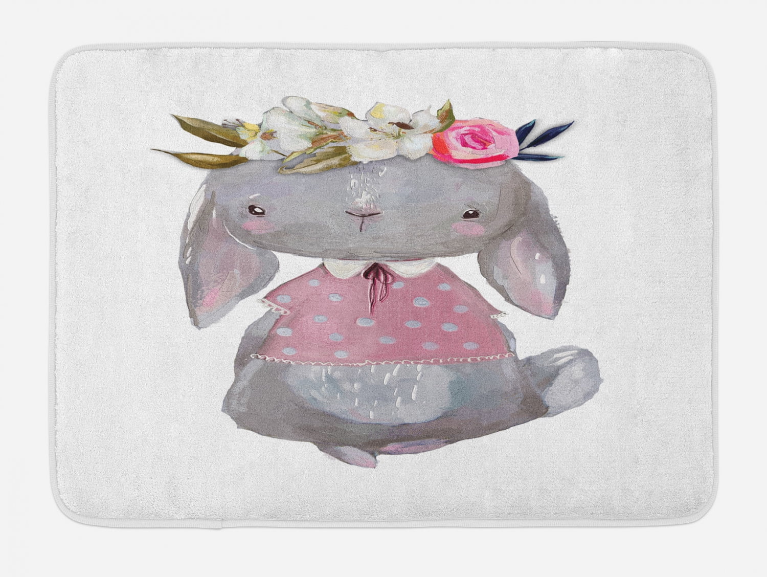 Kids Bath Mat, Young Girl Summer Hare in Oil Painting Style with ...